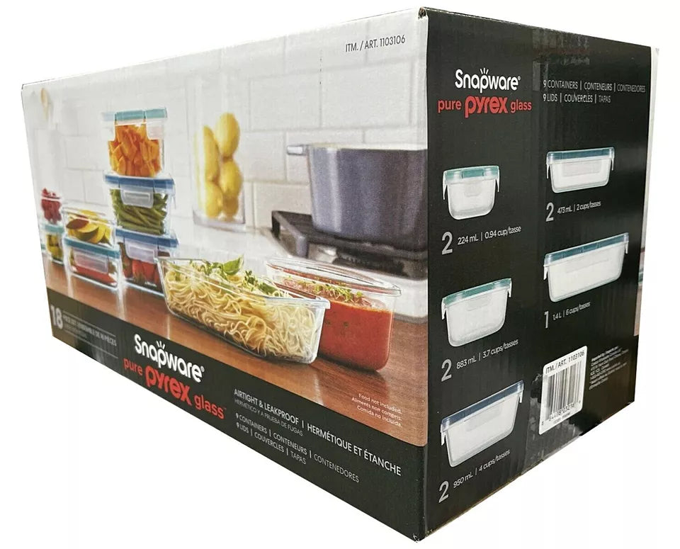 Snapware Pure Pyrex 18-Piece Glass Food Storage Set, microwave, oven ...